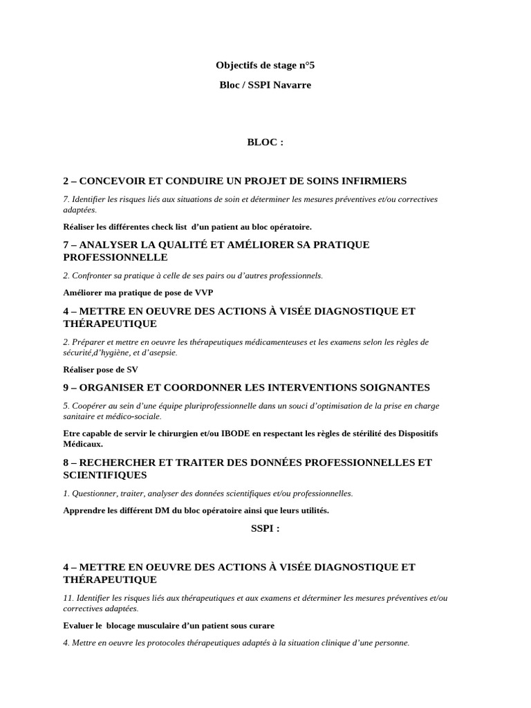 Objectifs de Stage N 5 BLOC SSPI | PDF