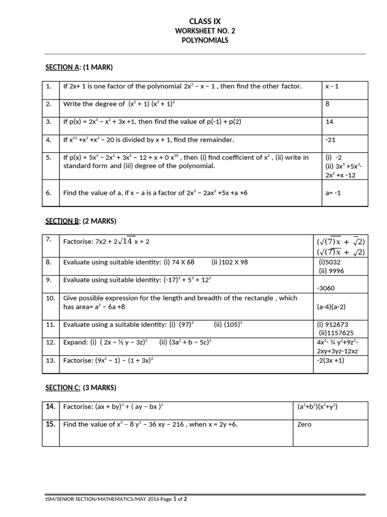 Class Ix Mathematics Polynomials Worksheet 2 | PDF