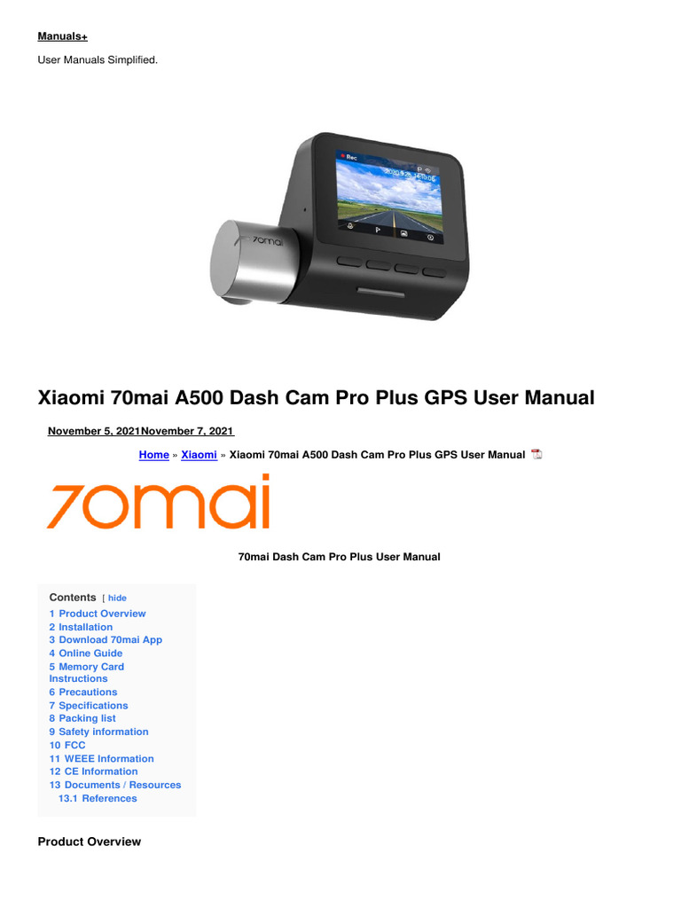 70mai A500 Dash Cam Pro Plus Gps Manual | PDF