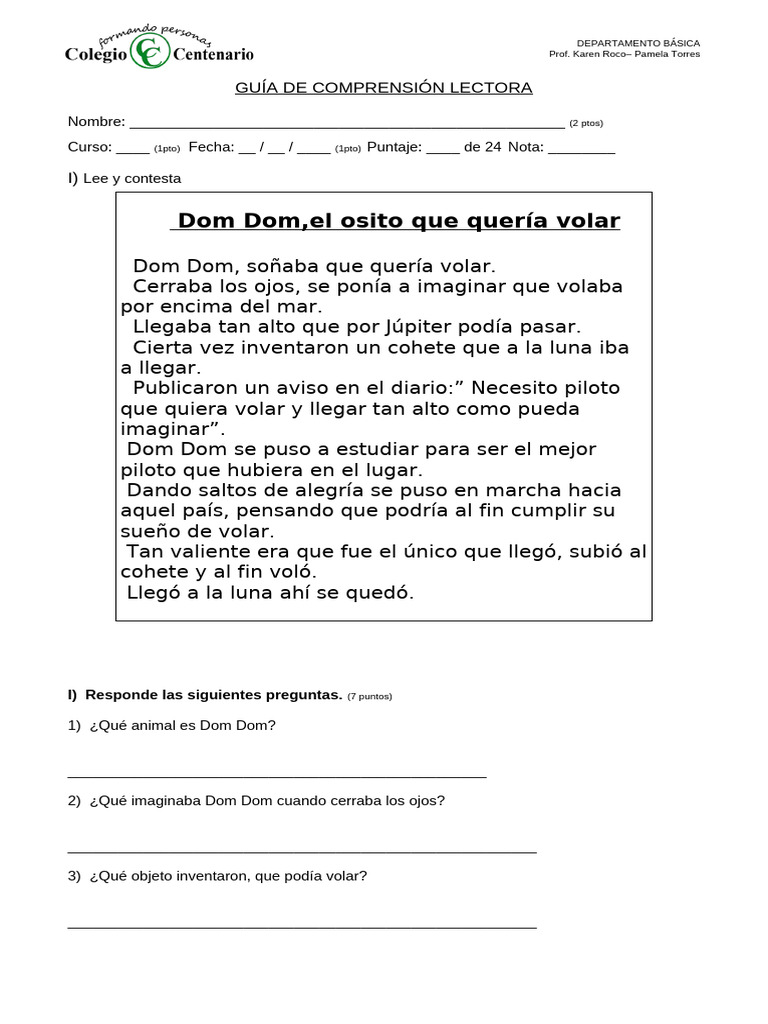 Guia de Compreensão Lectora: Dom Dom | PDF