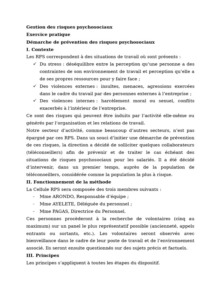 Exercice D'application Gestion Des Risques Psychosociaux | PDF