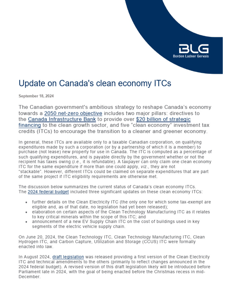 BLG - Update-On-Canadas-Clean-Economy-Itcs | PDF