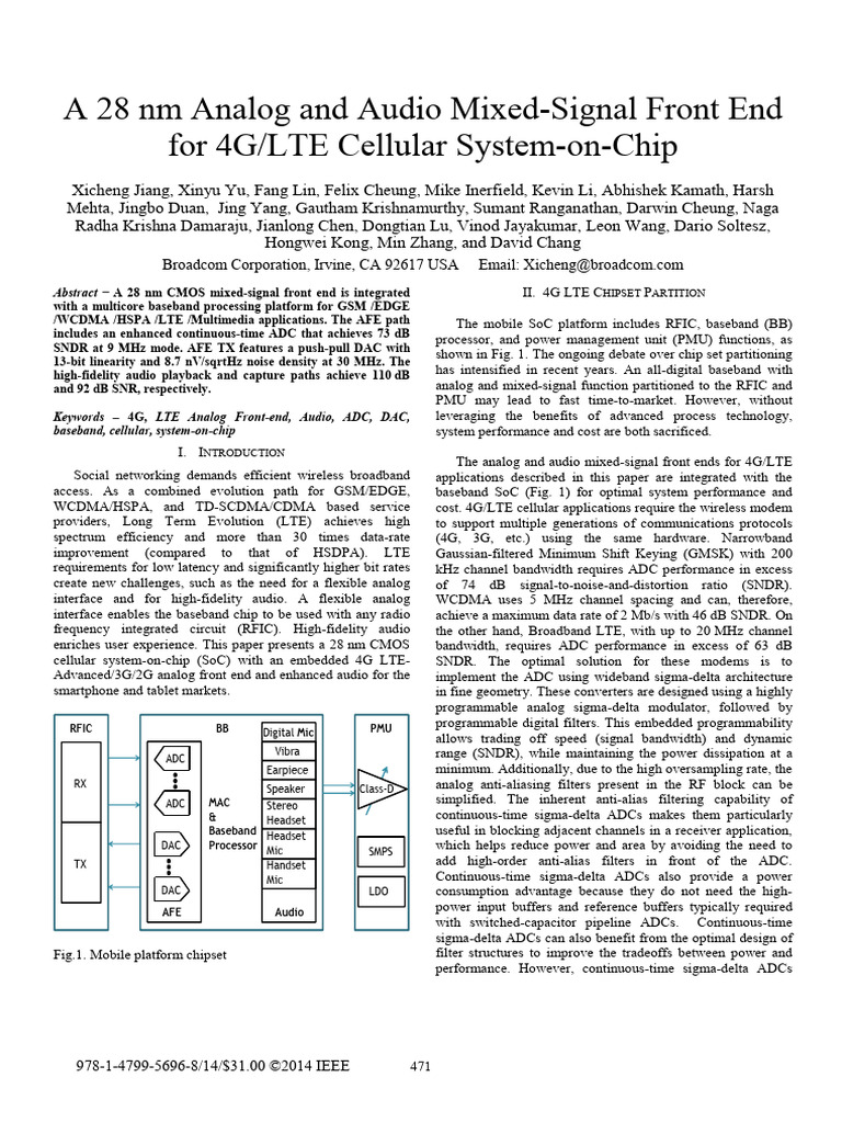 A 28 NM Analog and Audio Mixed-Signal Front End For 4G-LTE Cellular System-On-Chip | PDF