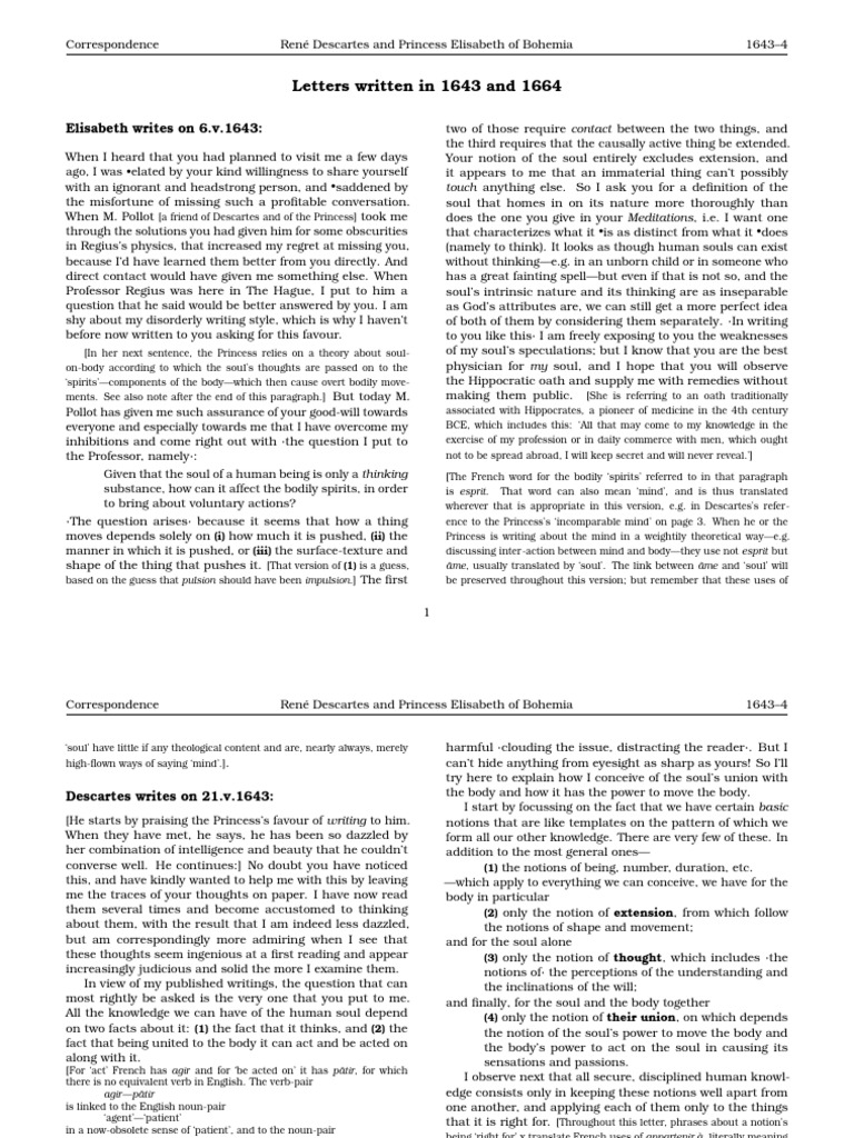 Elisabeth and Descartes Letters 1643 | PDF