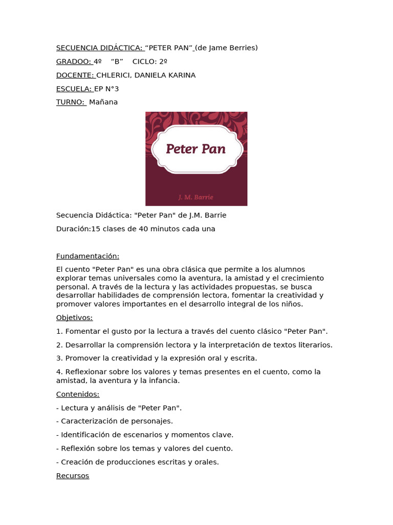 Secuencia Didáctica: Peter Pan 4º Grado | PDF | Peter Pan | Arte