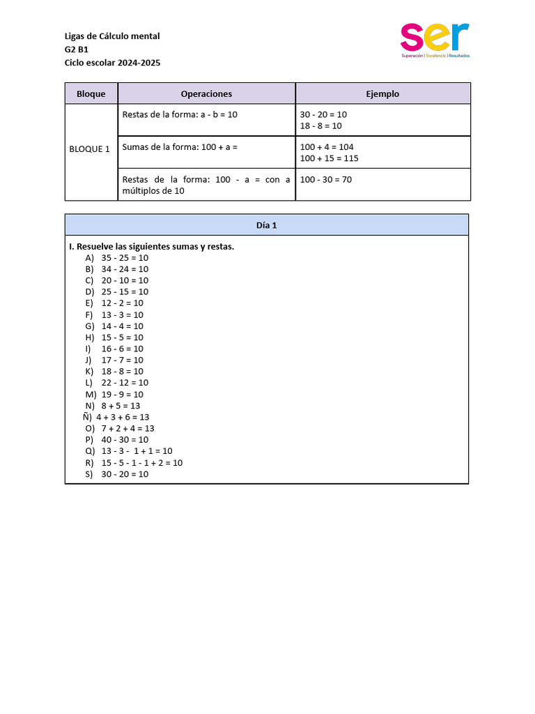 Ejercicios de Cálculo Mental G2 B1 | PDF | Aritmética | Métodos y ...