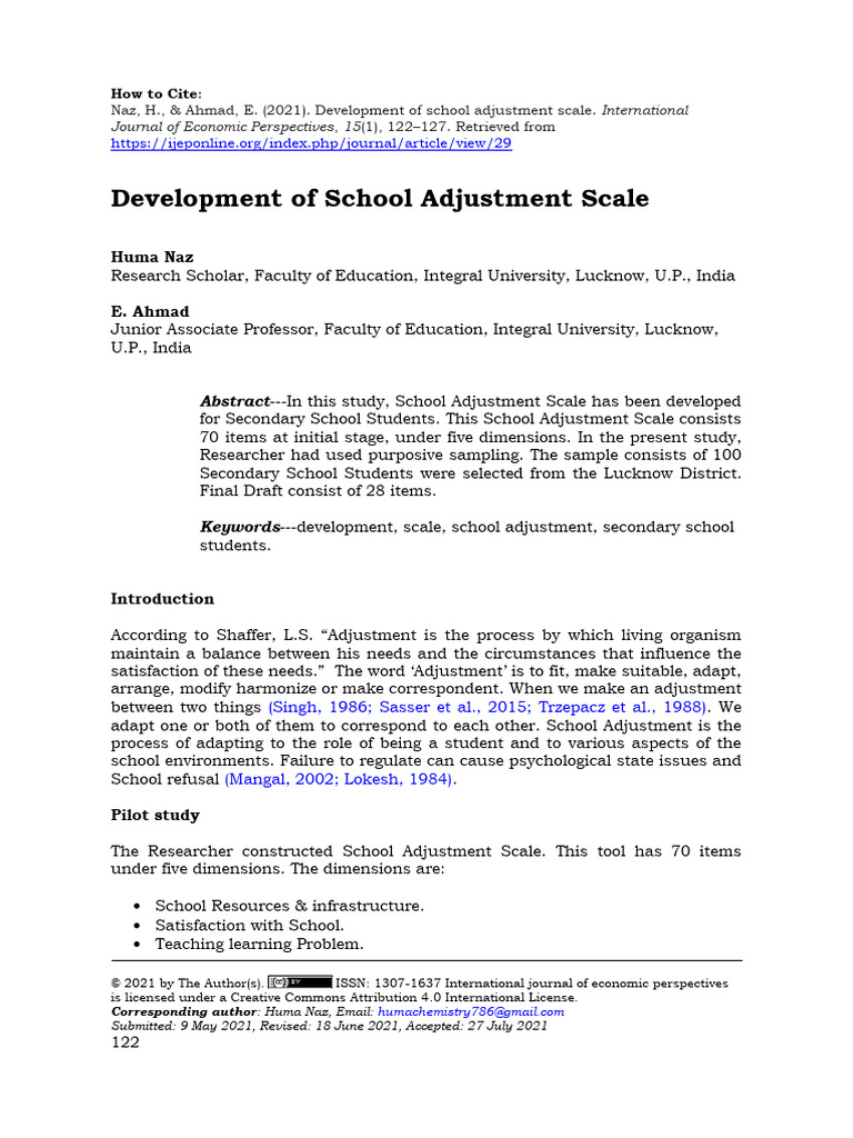 Development of School Adjustment Scale: Huma Naz | PDF