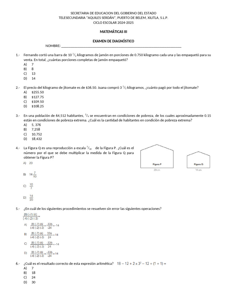 Examen Diagnóstico Matemáticas III | PDF | Matemáticas | Geometría euclidiana