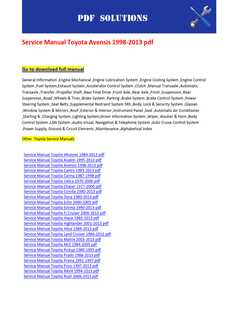 Service Manual Toyota Avensis 1998-2013 PDF | PDF