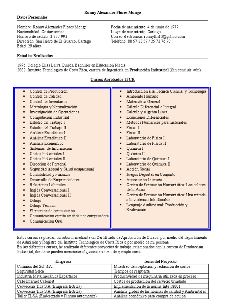 Currículum de Ronny Flores Monge | PDF | Inventario | Laboratorios