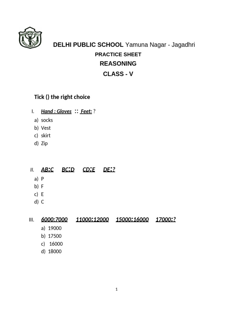 Class 5 Reasoning Practice Worksheet | PDF