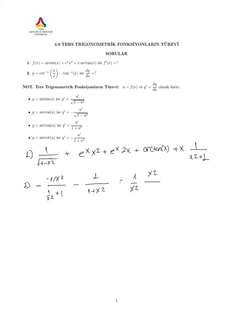 Arcsin + + Arctan Ise ? Cot 1 Tan Ise ? | PDF