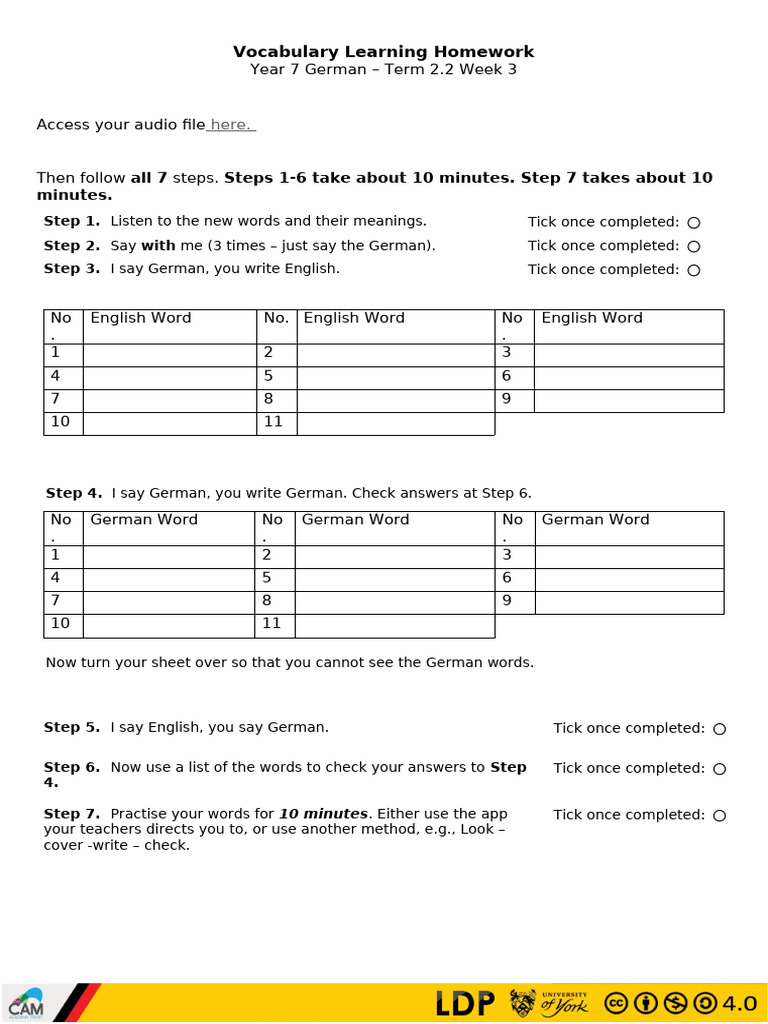 German Y7 Term2ii Wk3 Audio HW Sheet | PDF