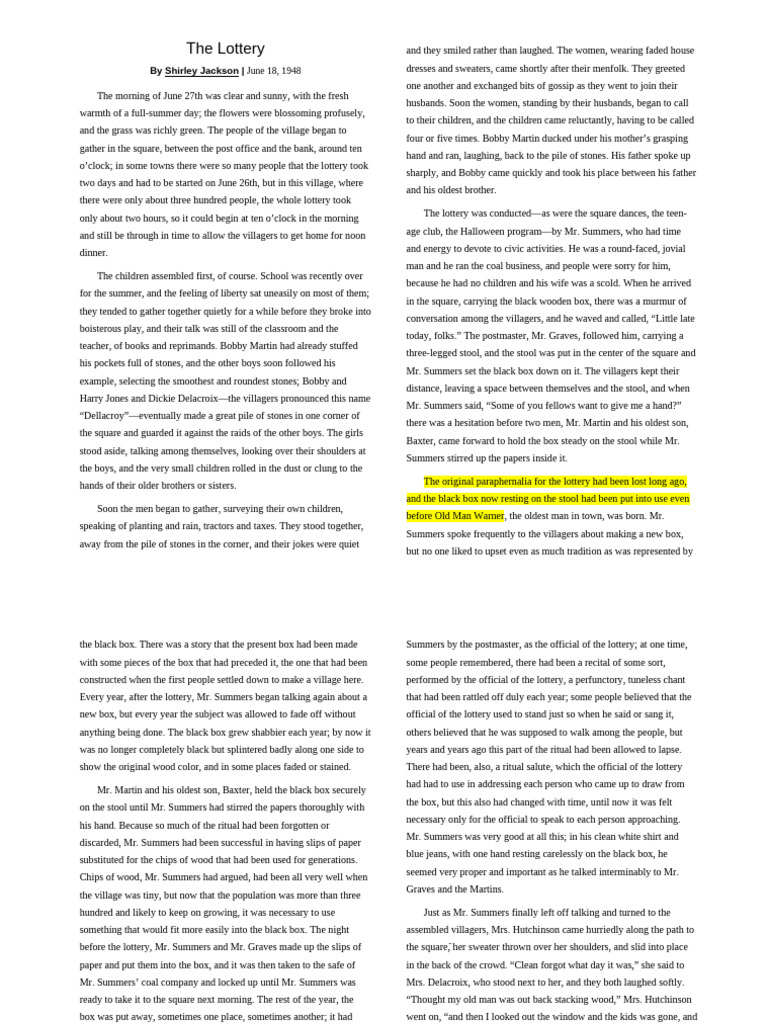 The Lottery by Shirley Jackson | PDF