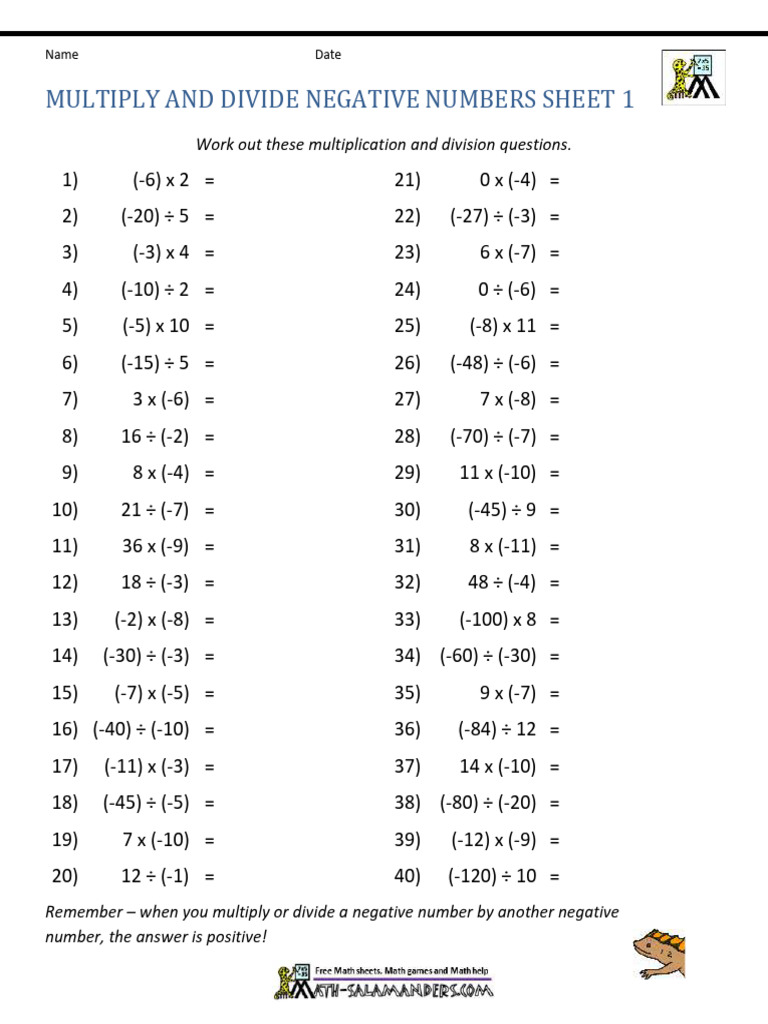 Multiply and Divide Negative Numbers 1 | PDF