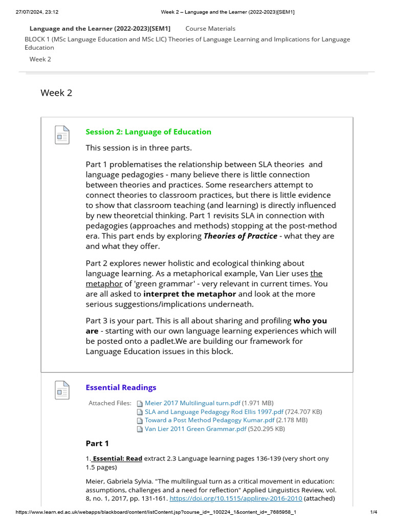 LE&LIC Week 2 - Language and The Learner (2022-2023) (SEM1) | PDF