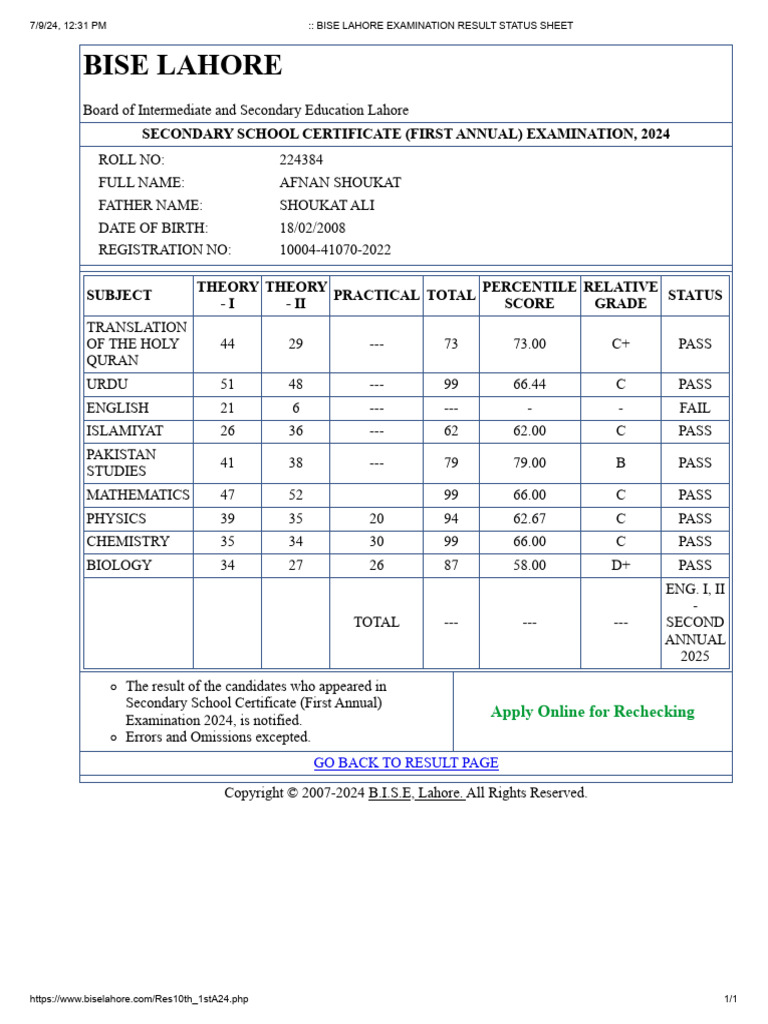 __ Bise Lahore Examination Result Status Sheet | PDF