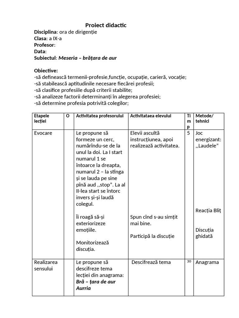 Proiect Didactic - cl.9 Dirigenței | PDF