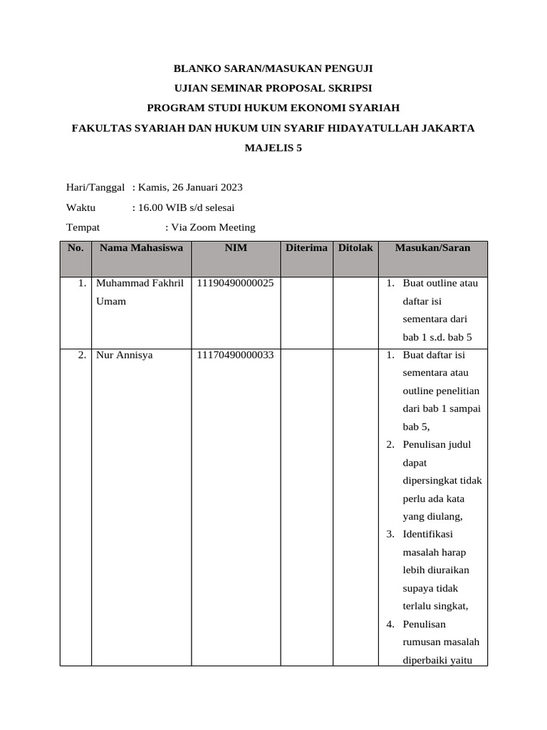 Blanko Saran - Masukan Penguji | PDF