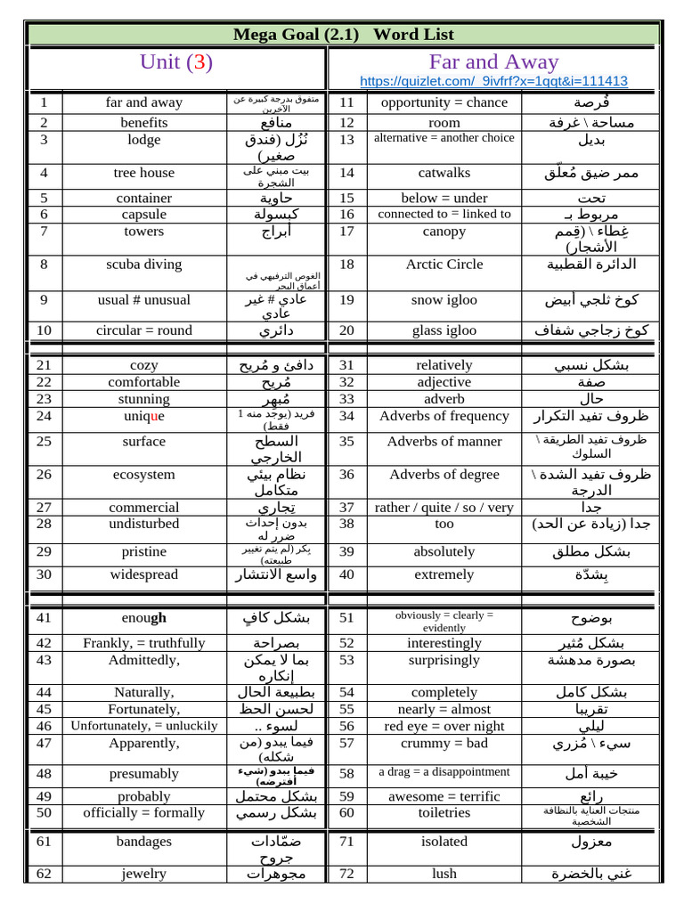 MG2.1 U3 Word List (Far & Away) | PDF