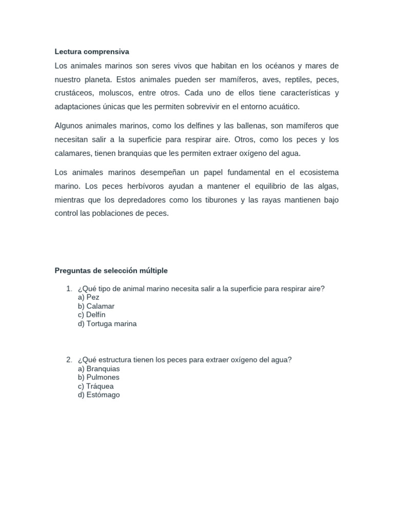 Lectura Comprensiva ANIMALES MARINOS | PDF