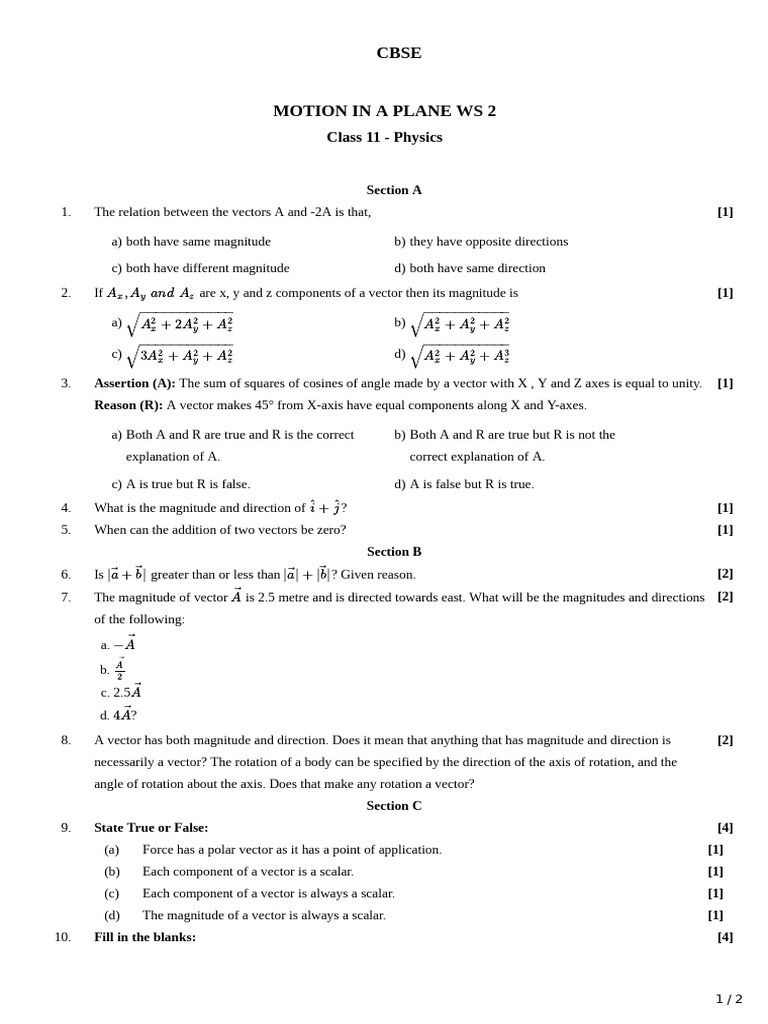 Motion in A Plane WS 2 (General Vectors and Their Notations) | PDF