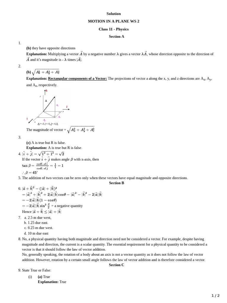 Motion in A Plane WS 2 Sol (General Vectors and Their Notations) | PDF