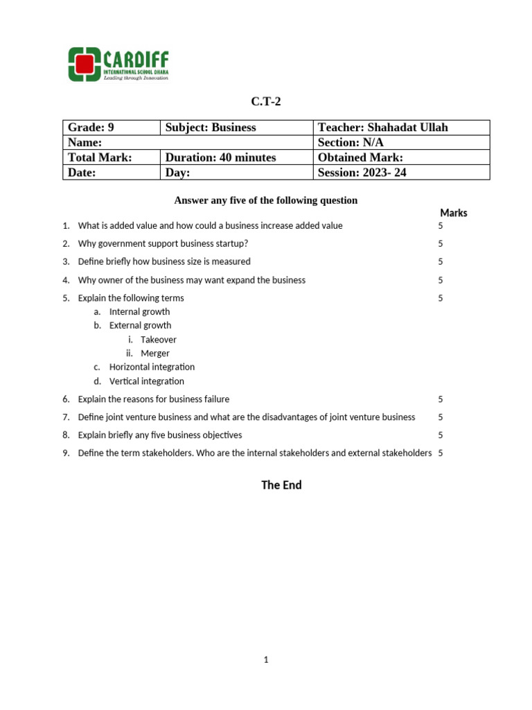 Class 9 Business CT 2 | PDF