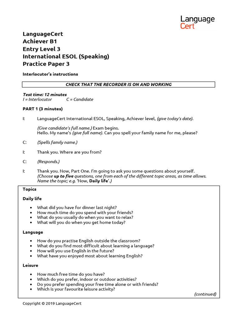 B1 ISESOL Spoken Practice Paper3 | PDF