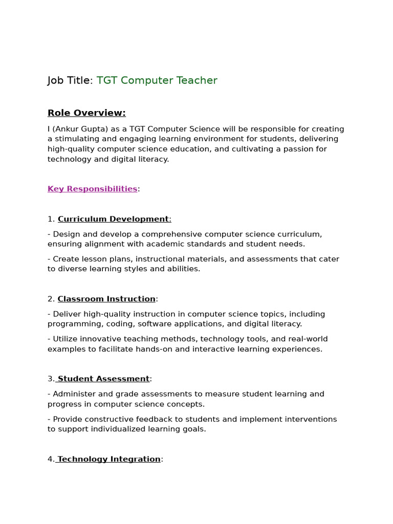 Job Description As A Computer Teacher | PDF
