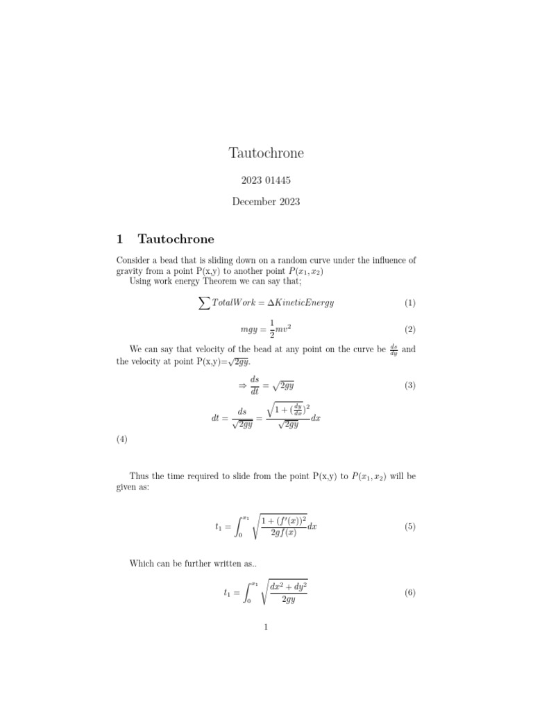 Tautochrone Pdf Applied And Interdisciplinary Physics Equations