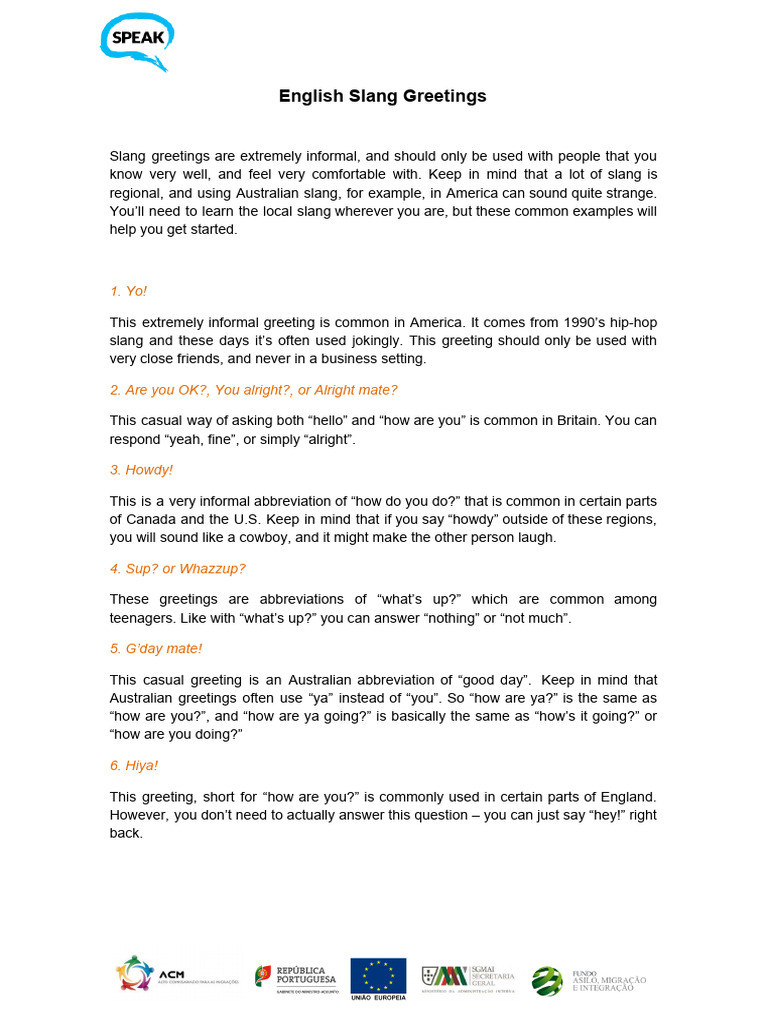 Theme 1 Greetings and Presentation - Slang Greetings | PDF