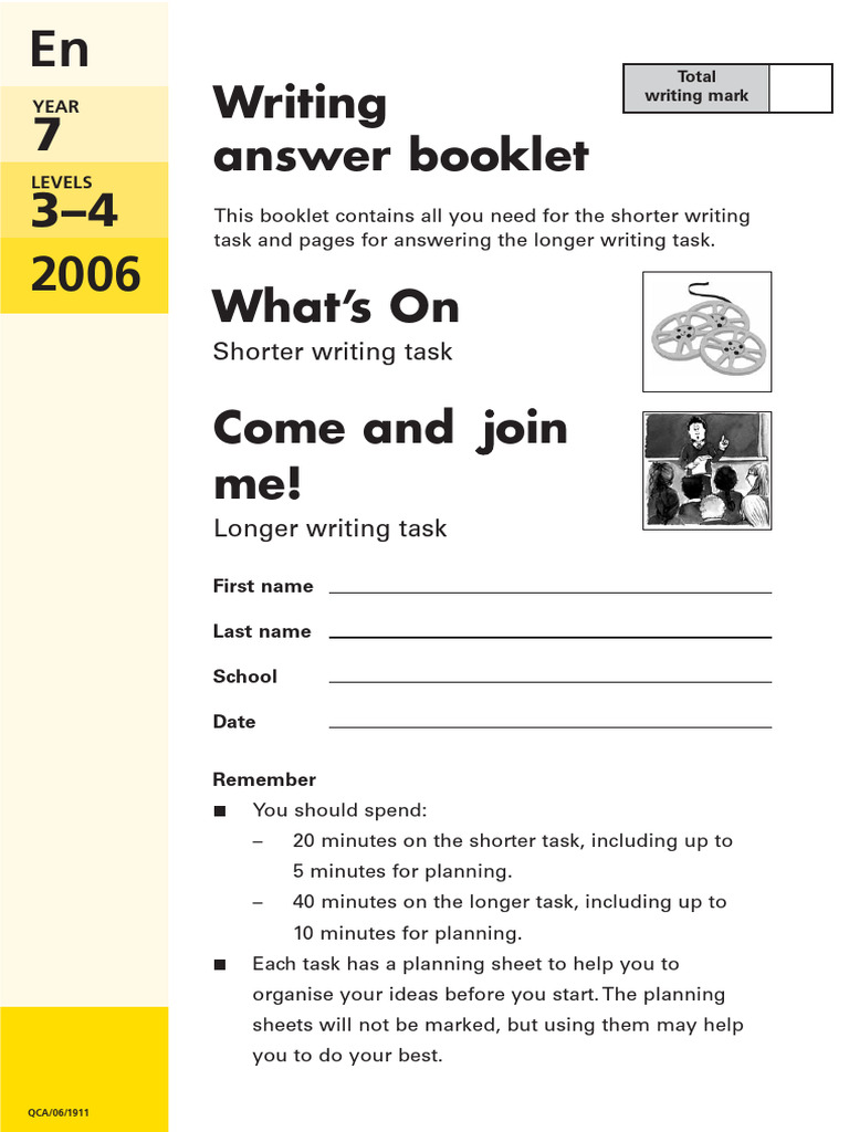 Year 7 Optional 2006 English Writing Answer Booklet | PDF