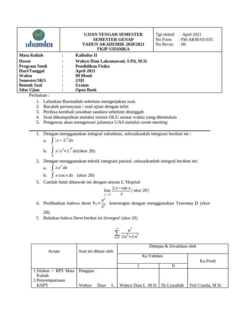 Soal UTS SMT 2 Kalkulus II | PDF