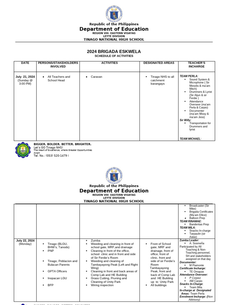 BE Schedule of Activities 2024 2025 | PDF