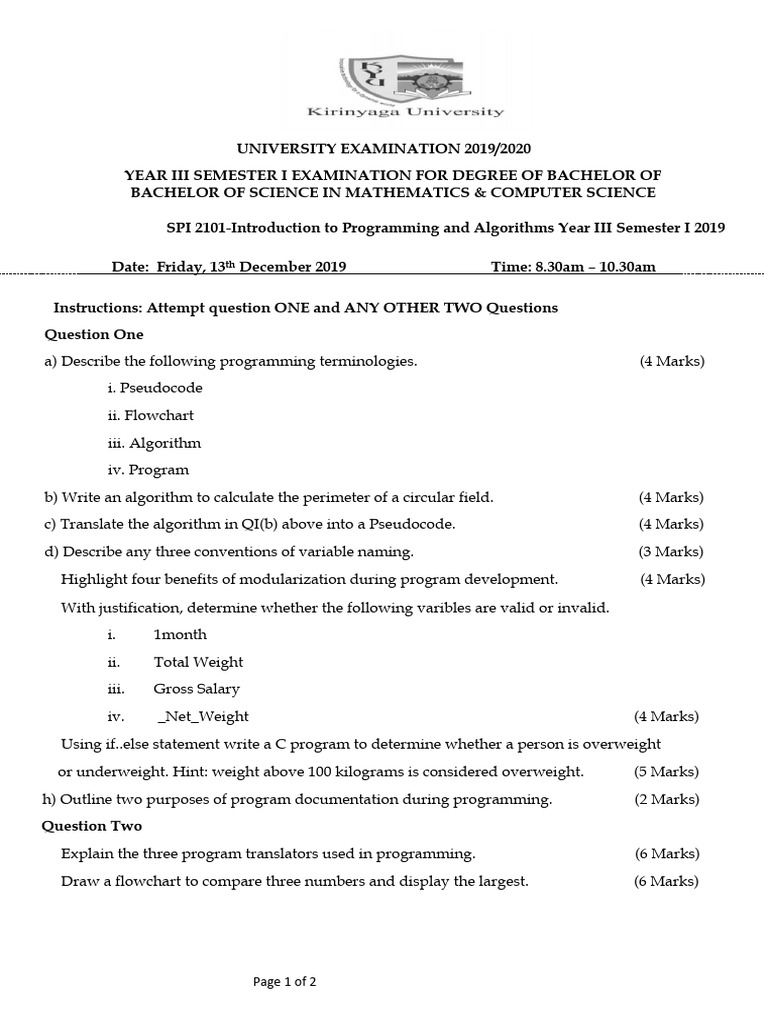 Spi 2101 Introduction To Programming And Algorithms Year Iii Semester I 2019 Pdf