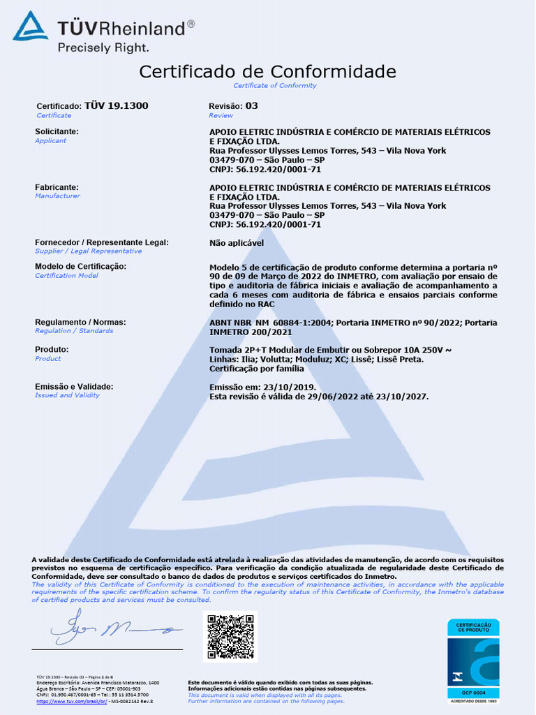 Apoio - Certificado de Conformidade Tüv 19.1300 - Validade 23.10.2027 ...