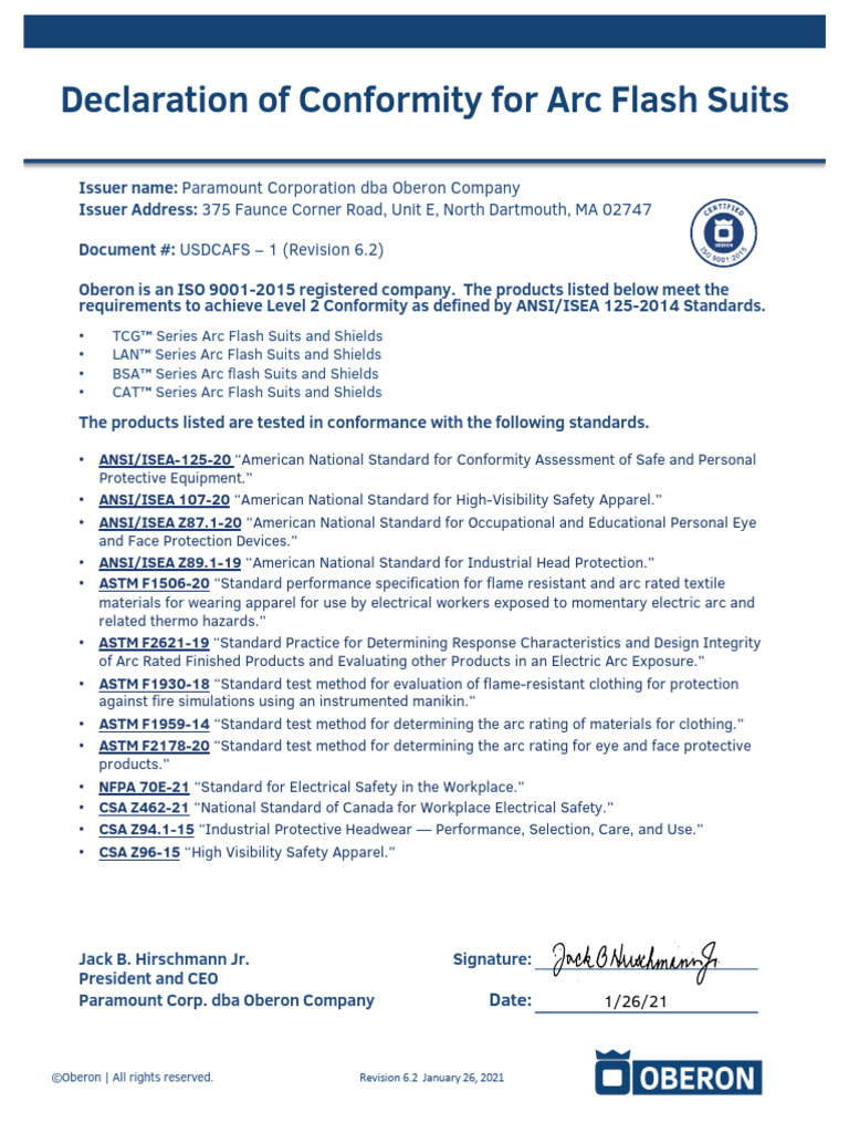 Declaration-of-Conformity-for-Arc-Flash-Suits-Version-6.2 | PDF