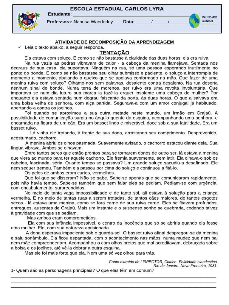 Atividade de Recomposição Da Aprendizagem | PDF