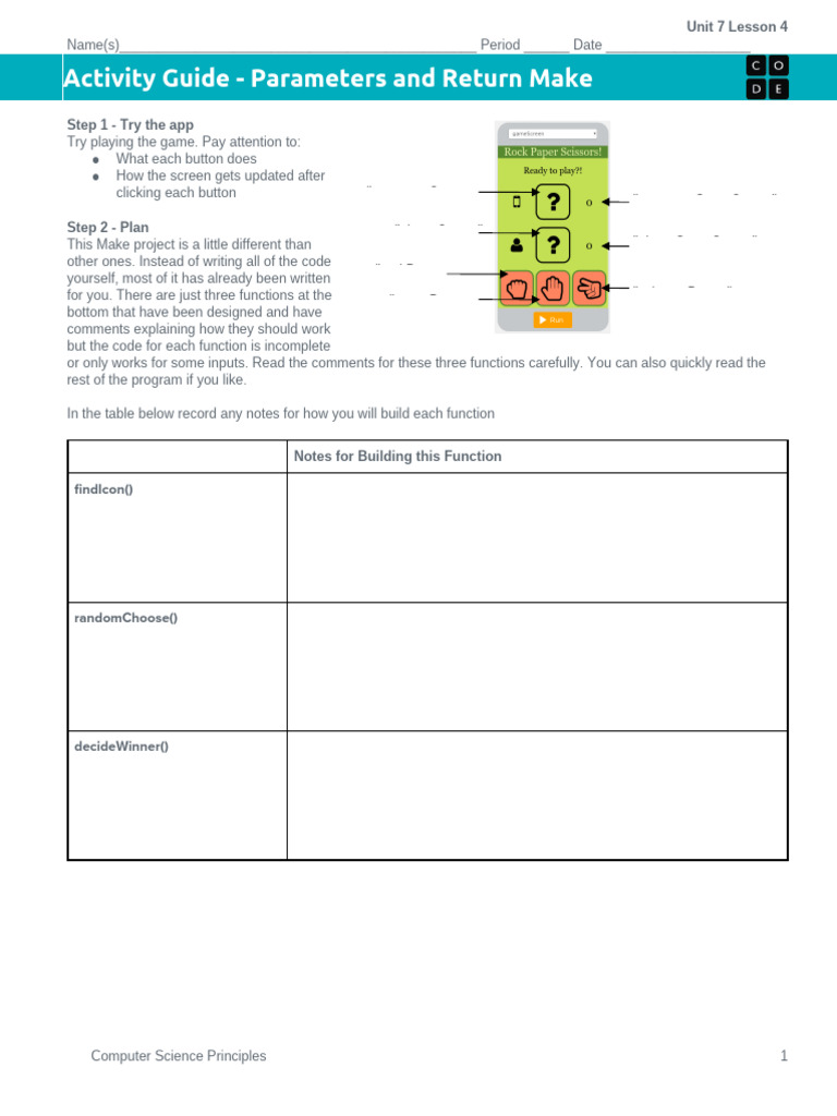 Activity Guide - Parameters and Return Make - Unit 7 Lesson 4-1 | PDF