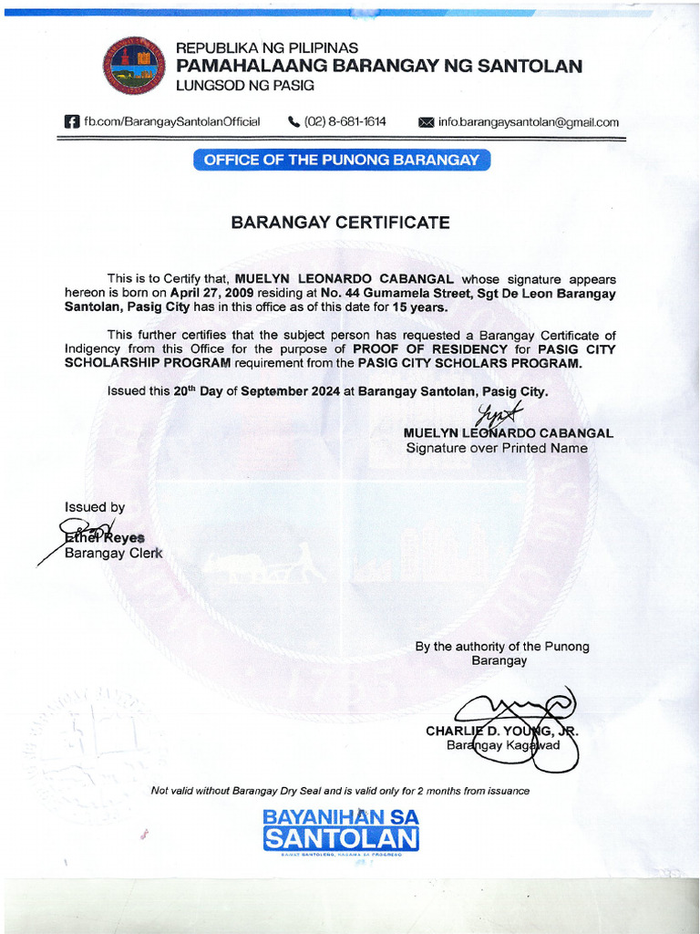 Brgy. Certificate of Residency | PDF