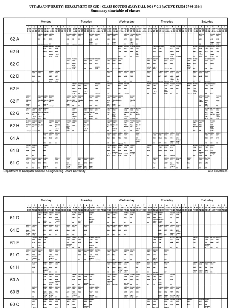 Revised Day Batches Class Routine Fall 2024 V 2.2 Active From 27 08 2024 | PDF