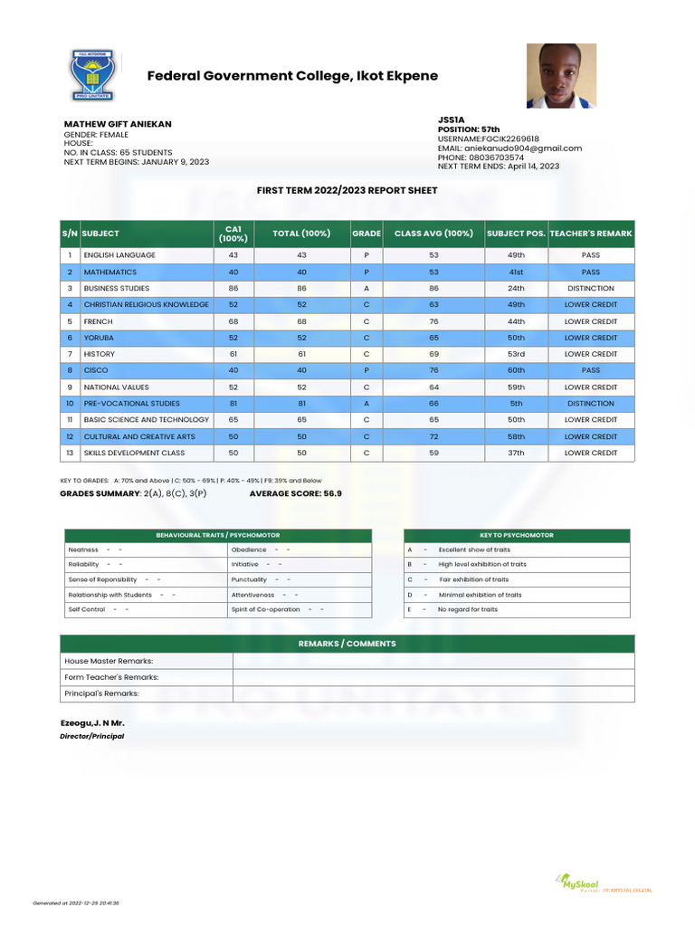 Mathew GiftJSS1A First Term 2022 2023 ReportCard | PDF