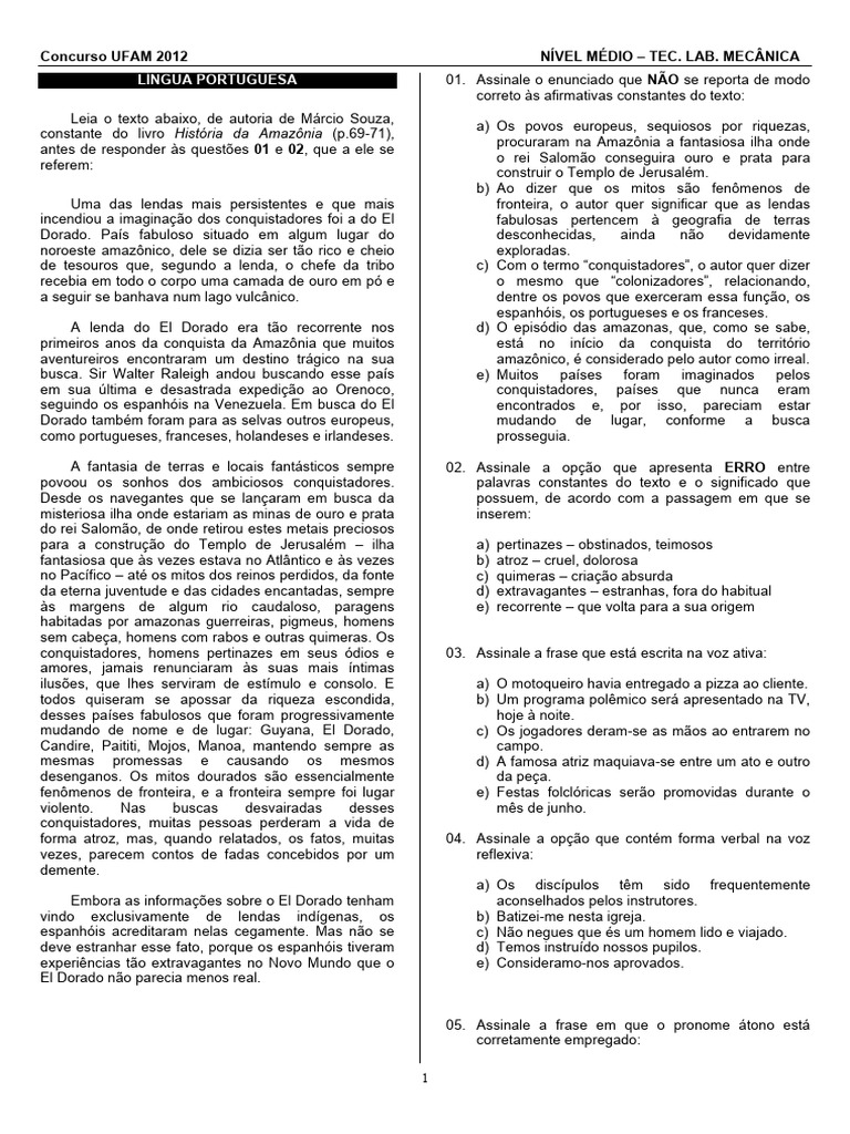 Prova Ufam2012 NM Tec Lab Mecanica Gabarito | PDF