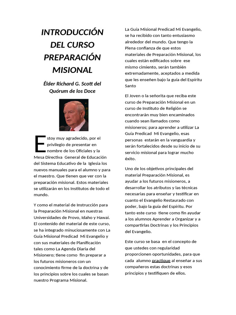 Introducción Misional Ëlder Scott Preparación Misional | PDF ...