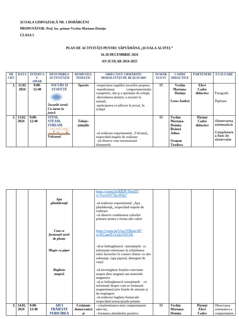 Plan Activitati Scoala Altfel 20242025 | PDF