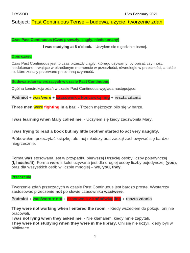 Past Continuous Tense - theory | PDF