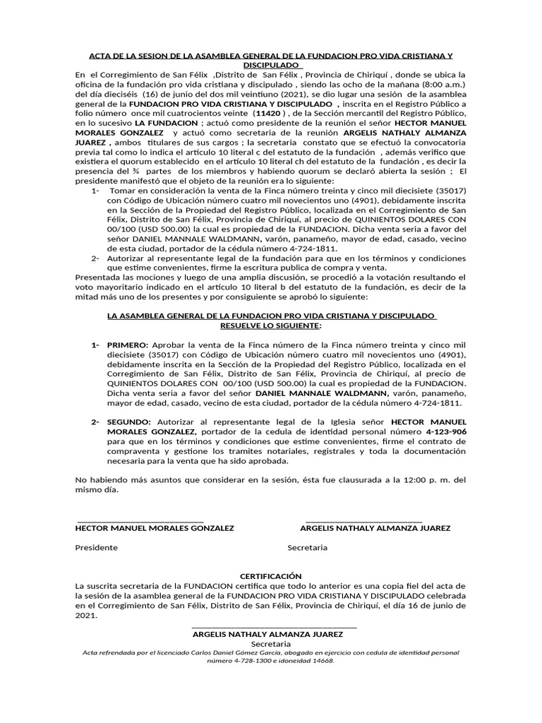 Acta de Aprobacion de Venta Fundacion Pro Vida | PDF