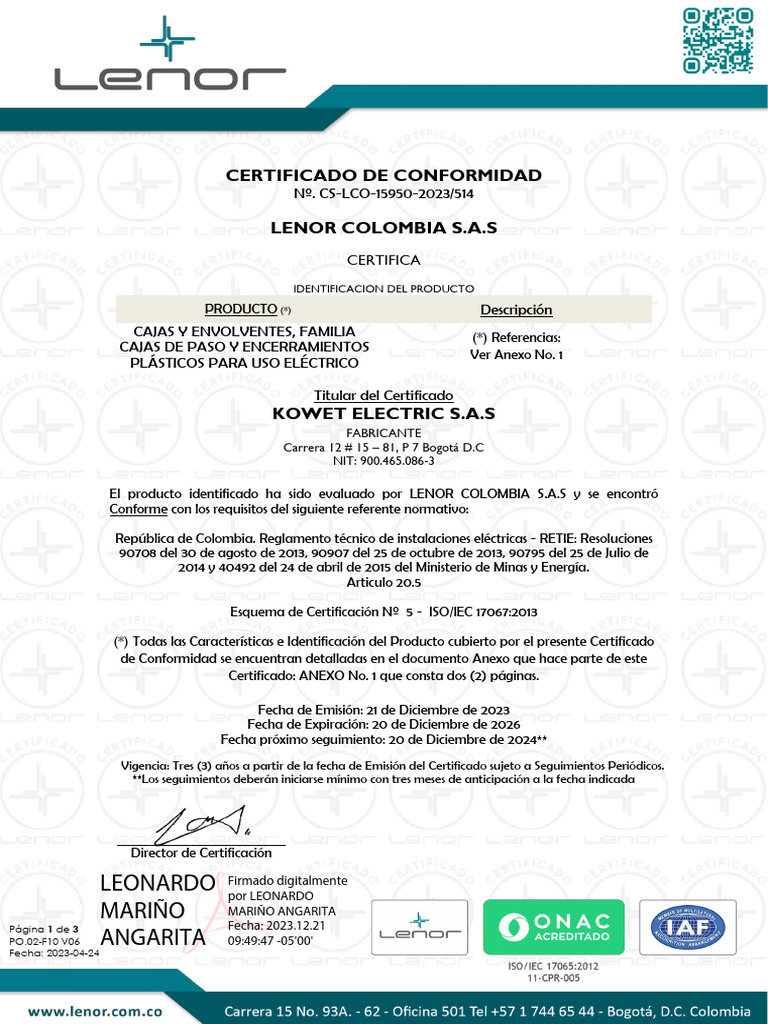 2024 CERTIFICADO RETIE KOWET | PDF