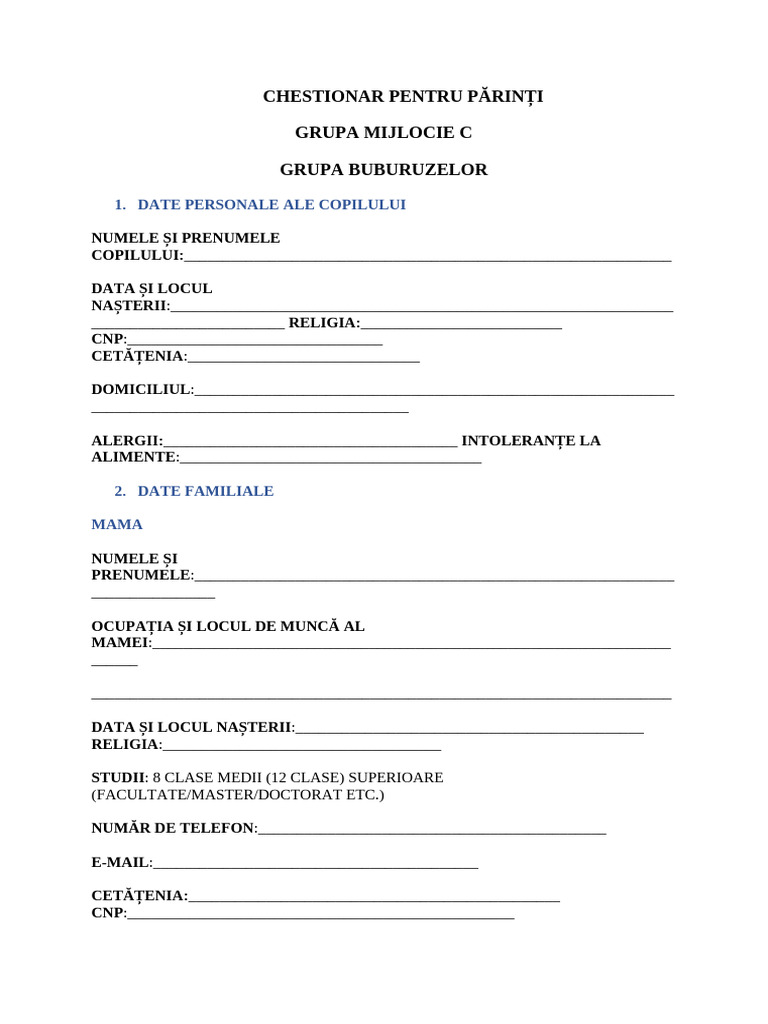 CHESTIONAR PENTRU PĂRINȚI | PDF